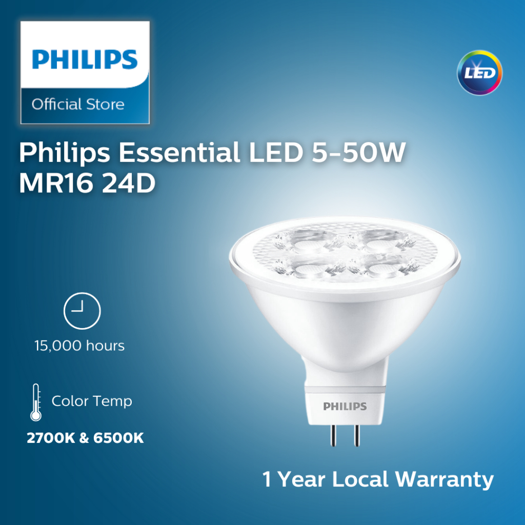Philips Essential LED 5-50W MR16 24D | Available in: Warm White 2700K ...