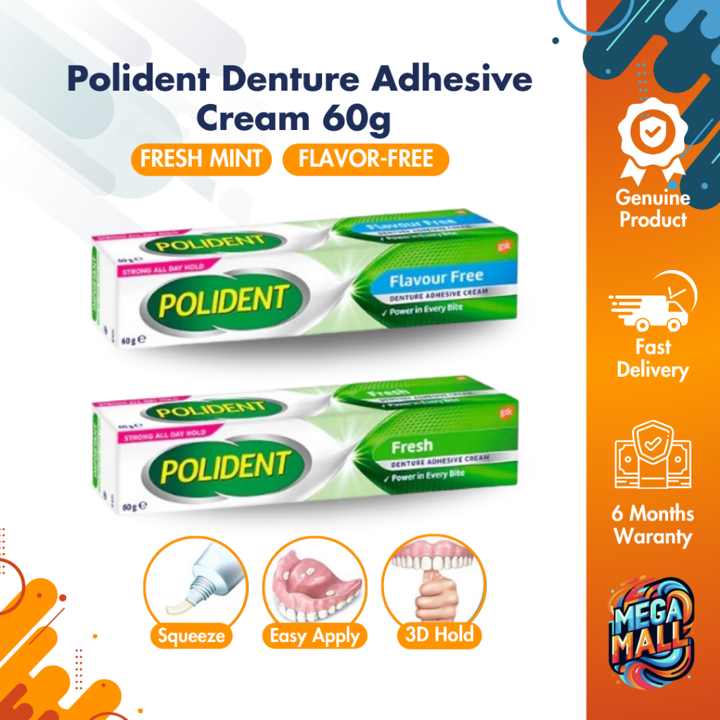 Polident Denture Adhesive Cream 60g Flavour Free Fresh Mint Denture Fit ...