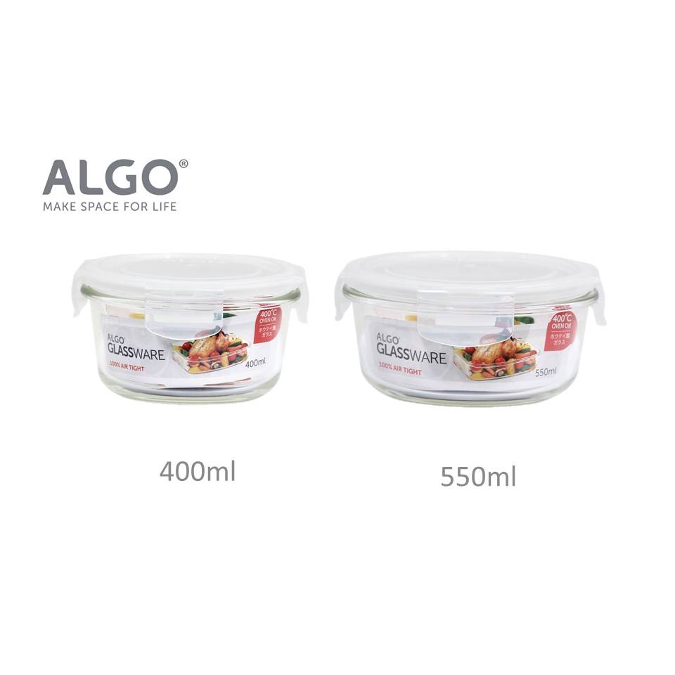 ALGO Round Glass Food Container, Borosilicate Glass, 2 PCS (400/550ml ...