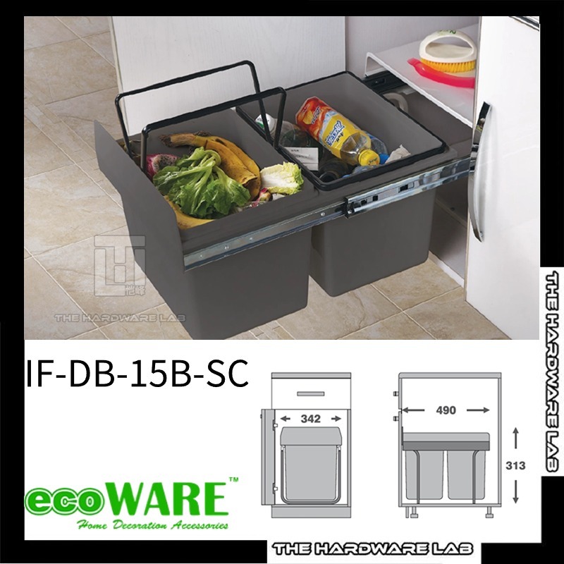 {The Hardware Lab}ecoWare IF-DB-15B-SC Bottom Mounted Bin With Soft Closing Slide (2 x 15L ...
