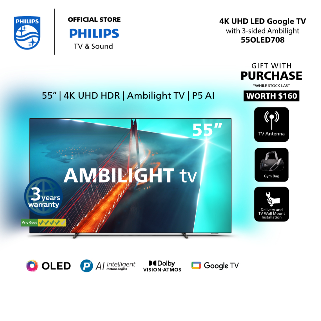 PHILIPS 4K OLED 55" Google TV | 55OLED708/98 | 3-sided Ambilight | P5 ...