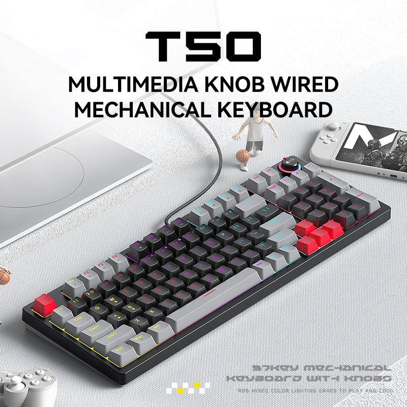 T-Wolf T50 Wired Mechanical Gaming Keyboard With Knob Design 97 Keys ...