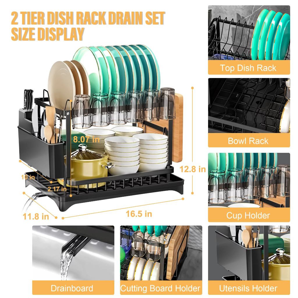 2 Tier Dish Drying Rack Plate Drainer Cutlery Holder Kitchen Organizer ...