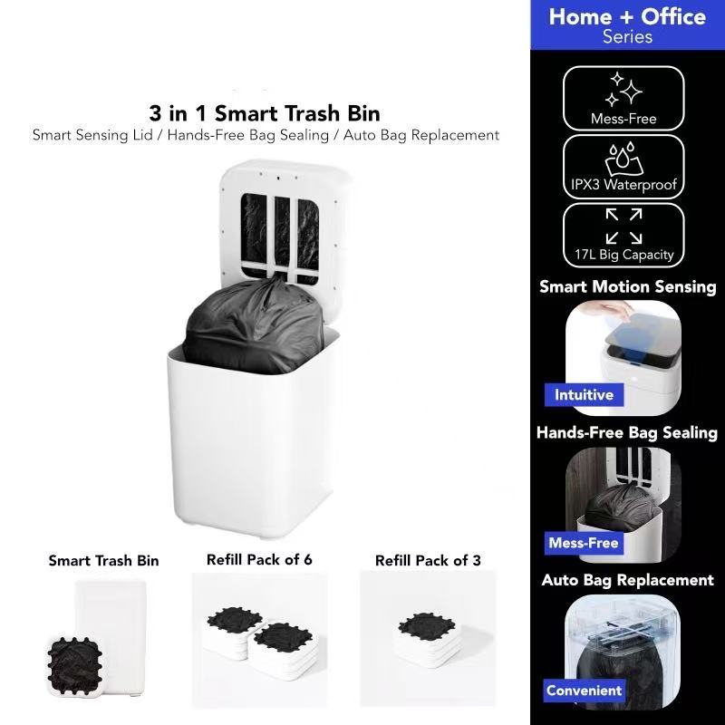 (SG STOCKED) 3 in 1 Smart Dustbin Smart Sensing Lid Hands-Free Sealing ...