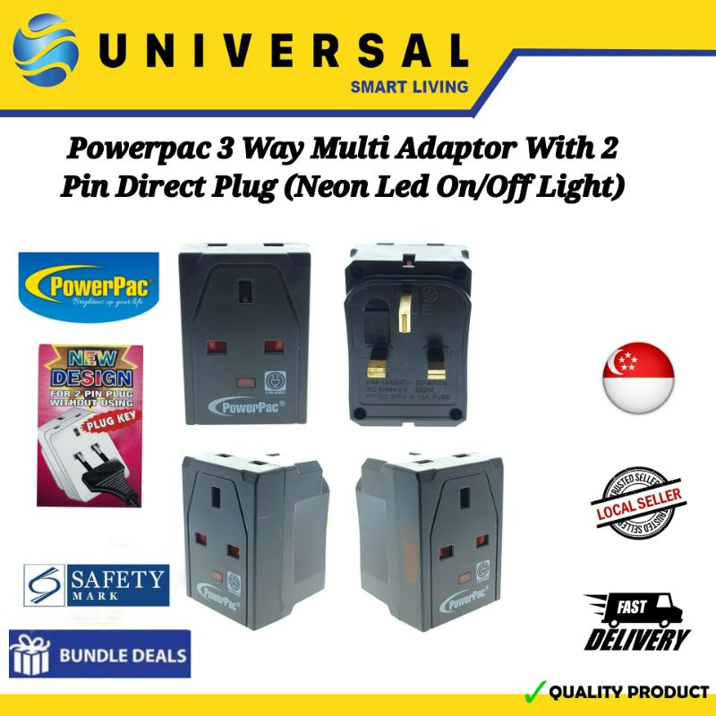 SG SHOP SELLER] Powerpac 3 Way Multi Adaptor With 2 Pin Direct Plug In ...