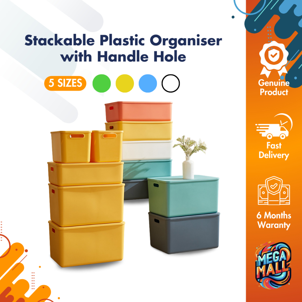 Stackable Plastic Box - Organiser, Handles & Lid, Declutter Living Room/Kitchen | Shopee Singapore