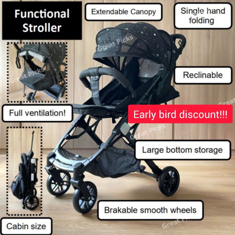 Functional reclinable cabin size black one hand folding stroller ...