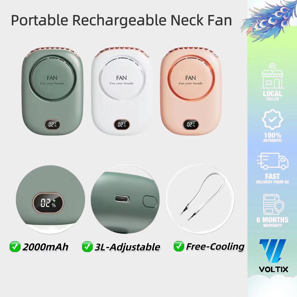 【SG】Mini 2000mAh USB Rechargeable Neck Fan Portable Hands-Free Cooling ...