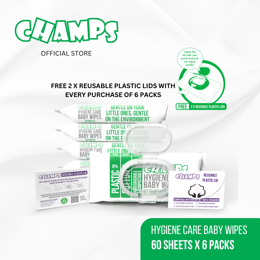 CHAMPS HYGIENE CARE BABY WIPES 60S X 6 PACKS (FREE 2 reusable lids for ...