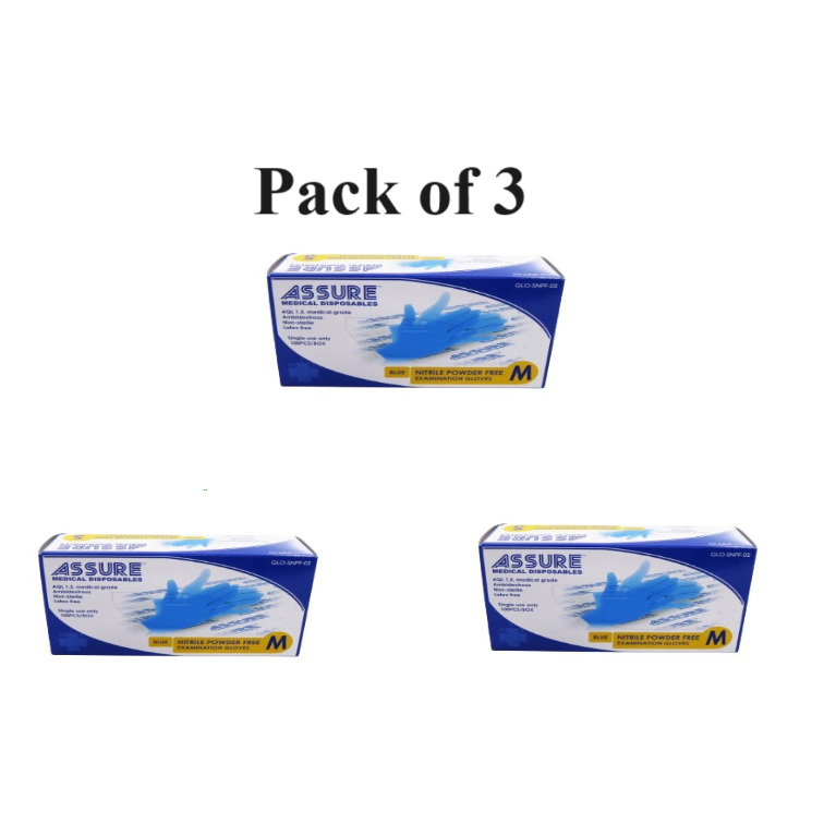 Bundle of 3 - Assure Nitrile Gloves Powder Free Blue Size M 100 Pcs per ...