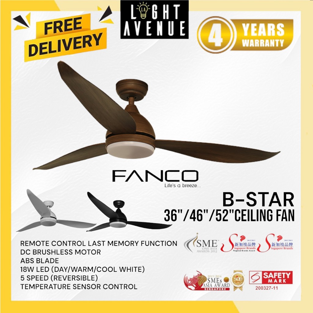 FANCO B-Star Ceiling Fan with LED Light And Remote Control 3 Blade 36 ...