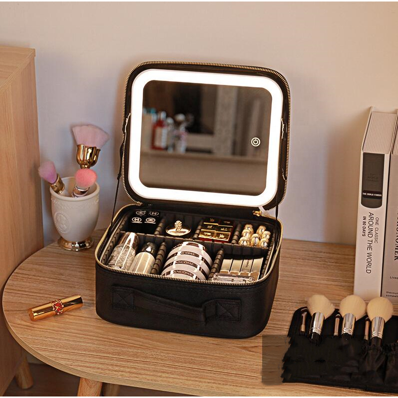 Makeup Case with Light & Mirror Black Standard, Portable & Large ...