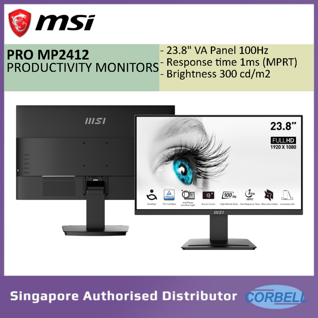 MSI PRO MP2412 Monitor 23.8" VA Panel 100hz response time 1ms(MPRT ...