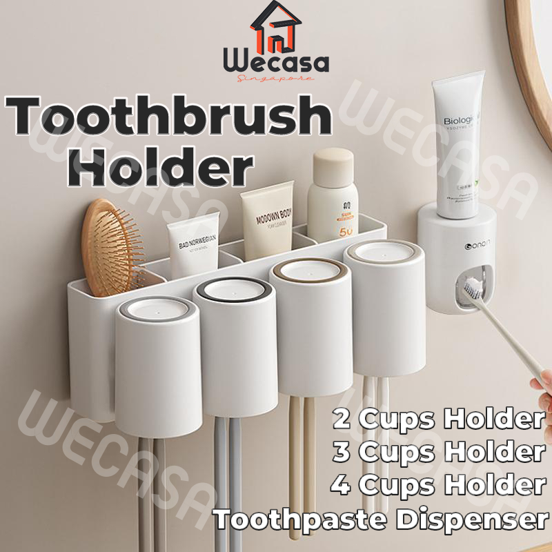 [SG] 2/3/4 Cups Toothbrush Holder Suction Wall Mounted Automatic ...