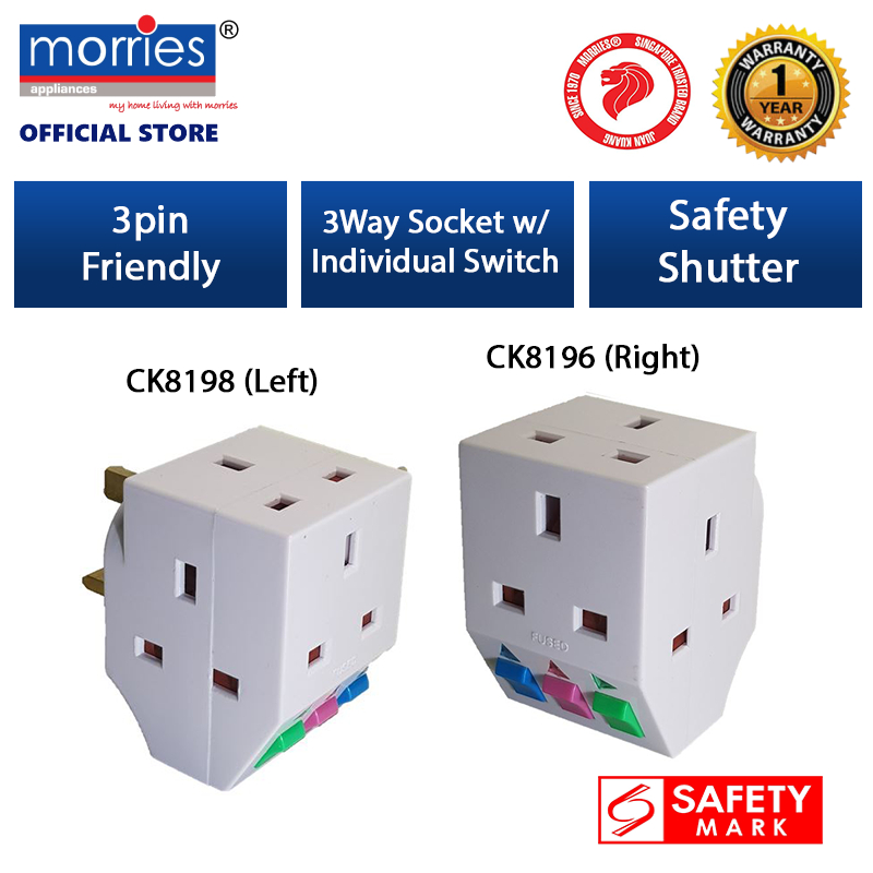 Morries 3 Way Adaptor / Wall Socket Plug Extension/ 2 Pin and 3 Pin ...
