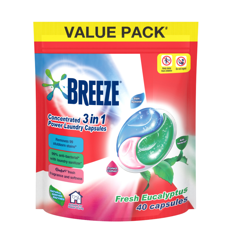 Breeze 3in1 Power Laundry Capsules Detergents Refill Pack, 40 Capsules ...