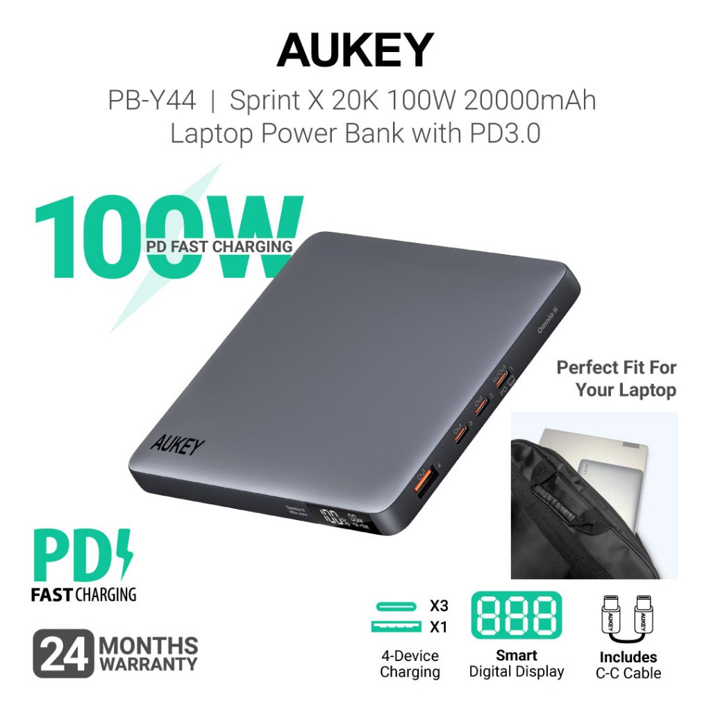Aukey PB-Y44 Sprint X 100W PD 20,000mAh Laptop Power Bank (24 Months ...