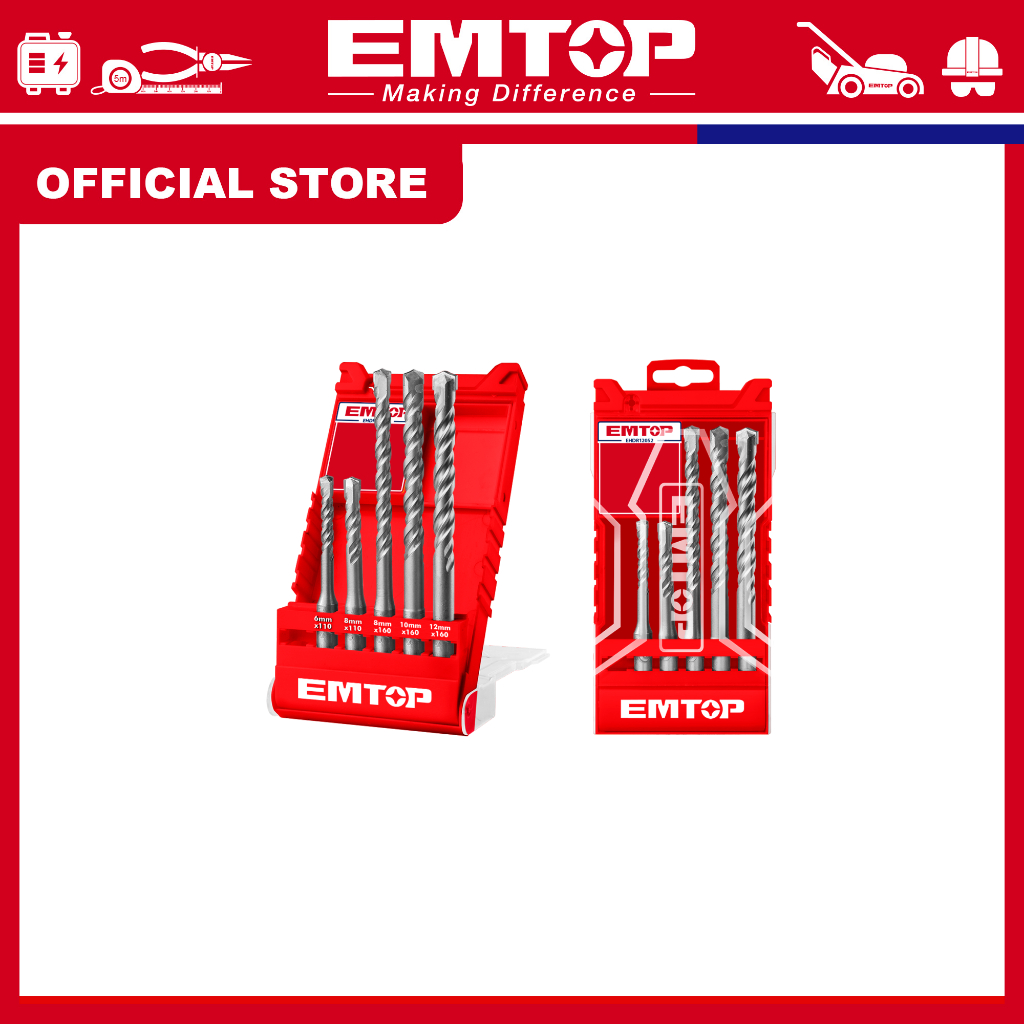EMTOP 5PCS SDS Plus Hammer Drill Bits Set For Drilling Stone, Concrete, Brick Wall, Ceramic Tile ...