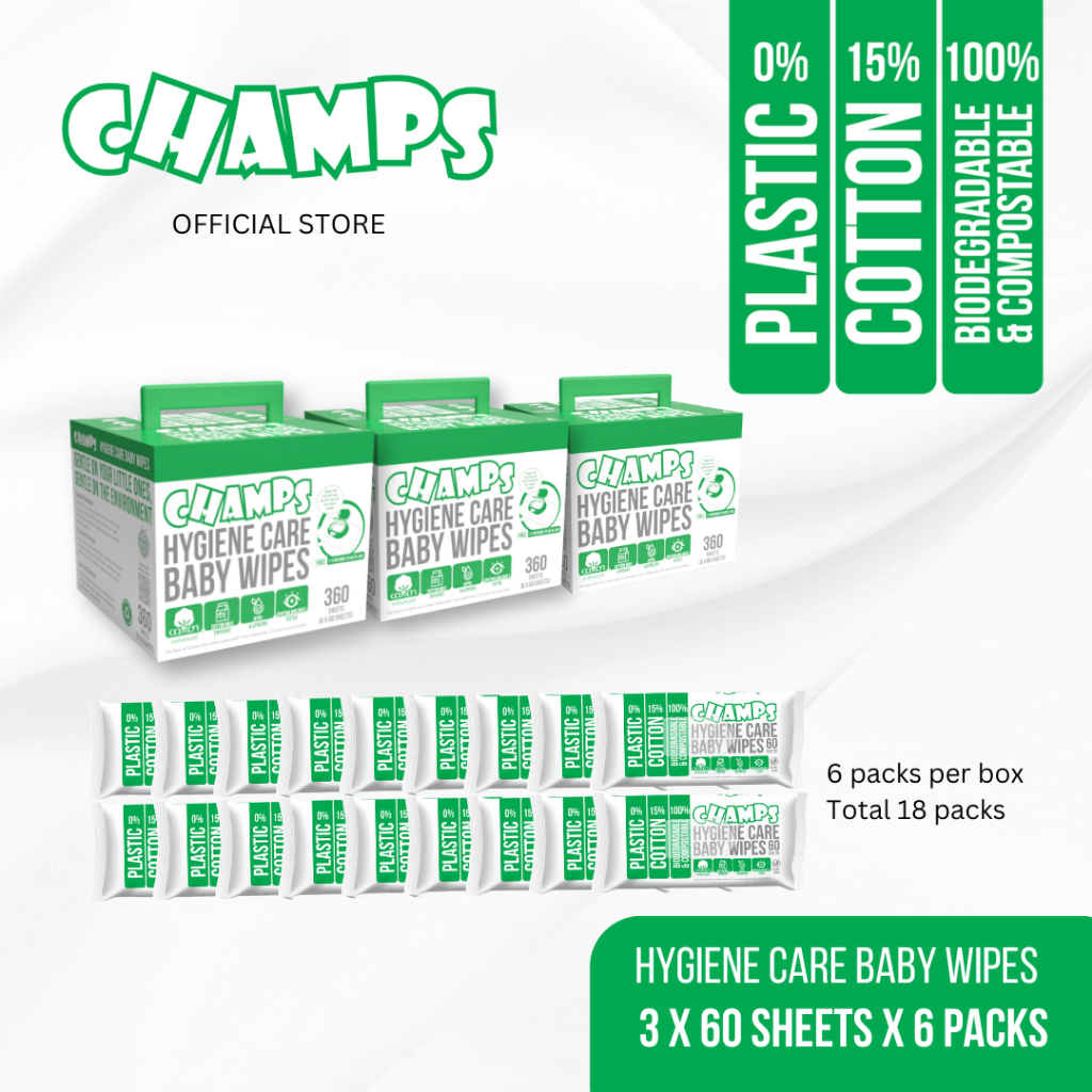 CHAMPS HYGIENE CARE BABY WIPES 3 X 60S x 6 PACKS (FREE 6 reusable lids ...