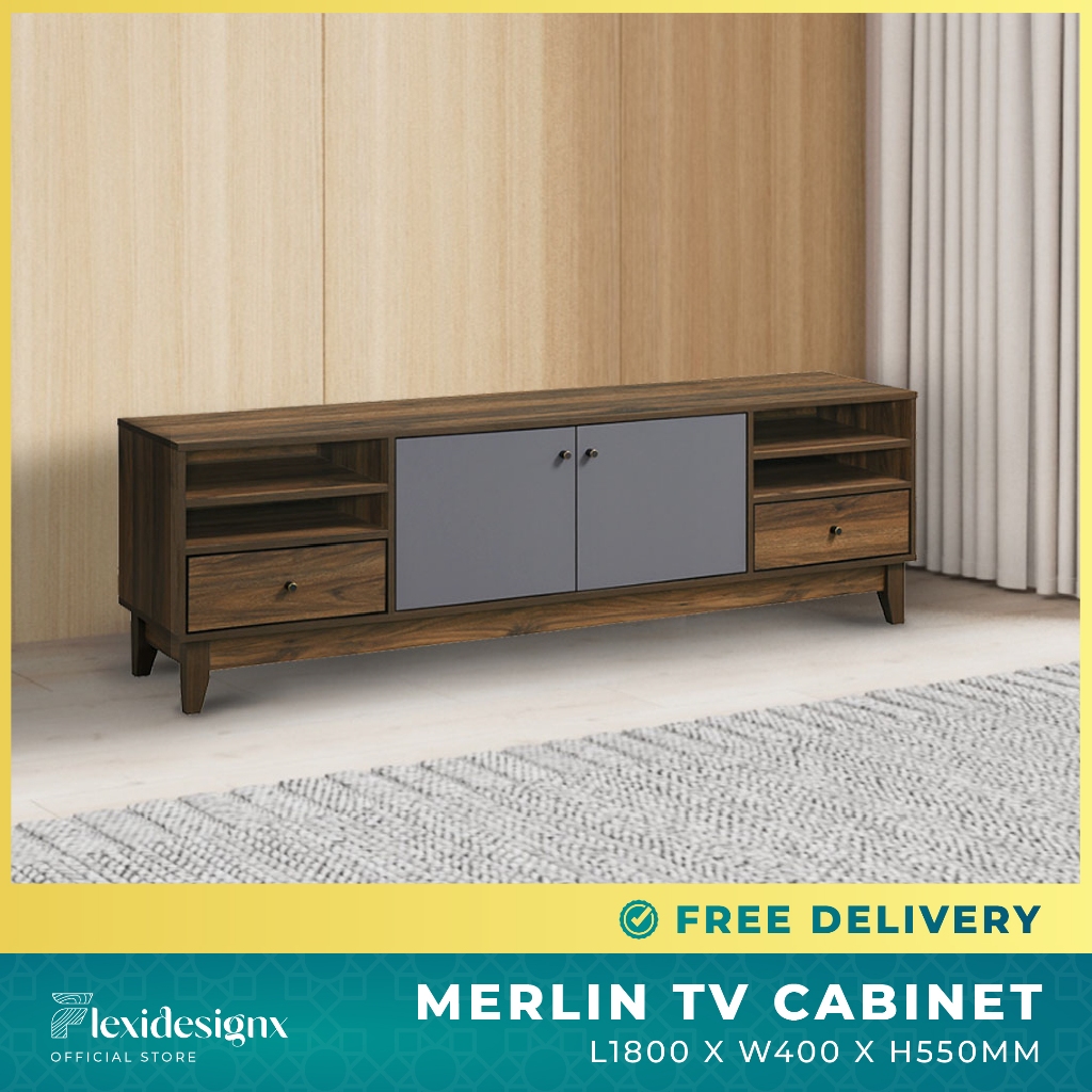 Flexidesignx 6ft TV Cabinet Soft Close 2 Door Up to 75inch TV Walnut ...
