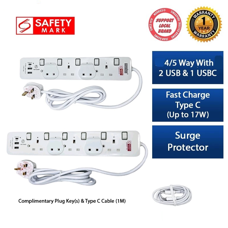 Safety Mark 4 & 5 Way 3 Meter Extension Socket with 2 Type A USB and 1 ...
