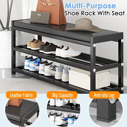 🇸🇬【75cm】 Multi-purpose Shoe Rack Bench with Faux Leather Seat / Shoe ...