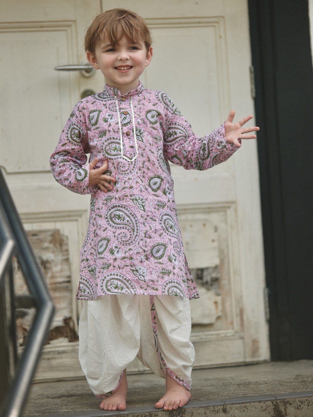 NIMBU Kali Pink Boys Handblock Printed Cotton Kurta Dhoti Muslim Wear ...