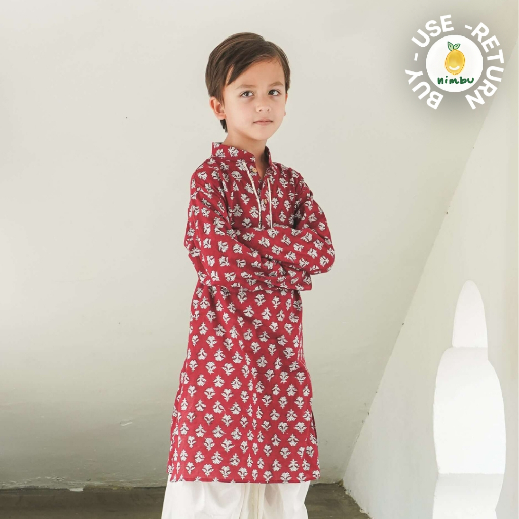 NIMBU Jashn Handblock Booti Maroon Boys Kurta Dhoti in Cotton Muslim ...