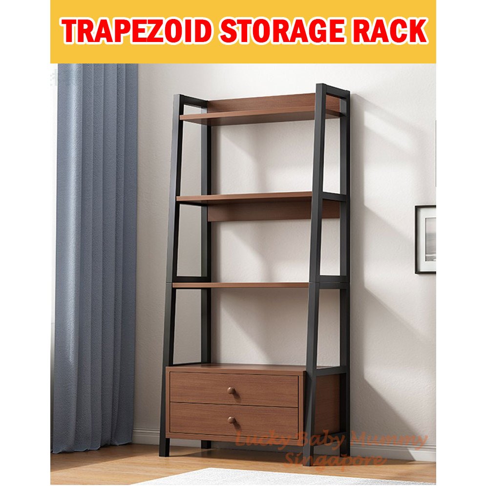 Steel Wood Bookshelf Wall Trapezoid Storage Rack Cabinet Bookcase ...