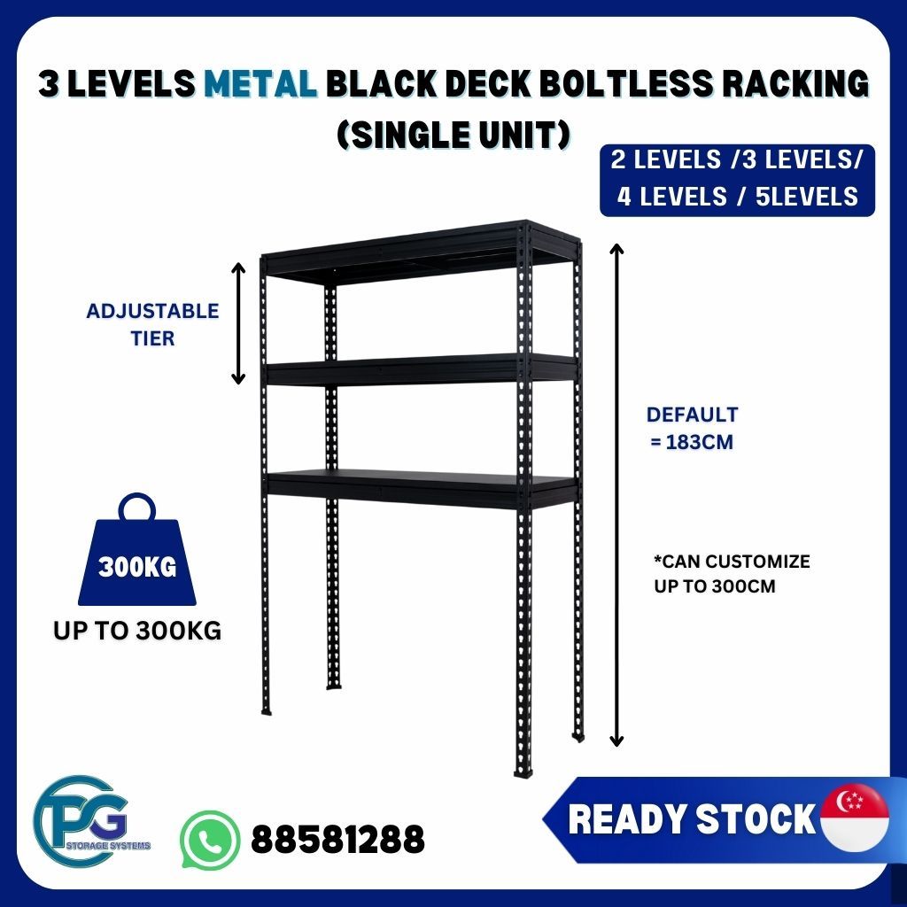 PG Single Rack - 3 Levels Metal Deck Black Boltless Racking | Shopee ...