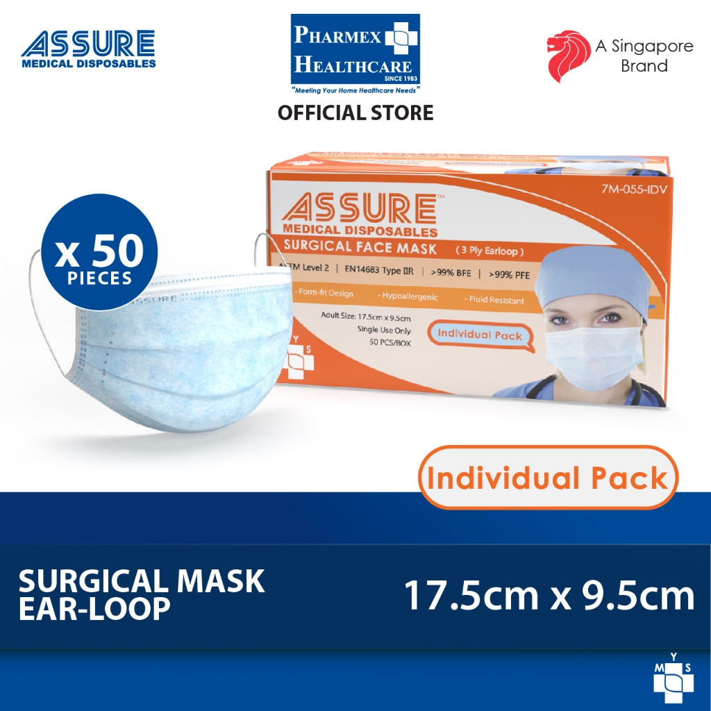 ASSURE Surgical Face Mask 3-Ply With Ear- Loop Individual Packed, 50 ...