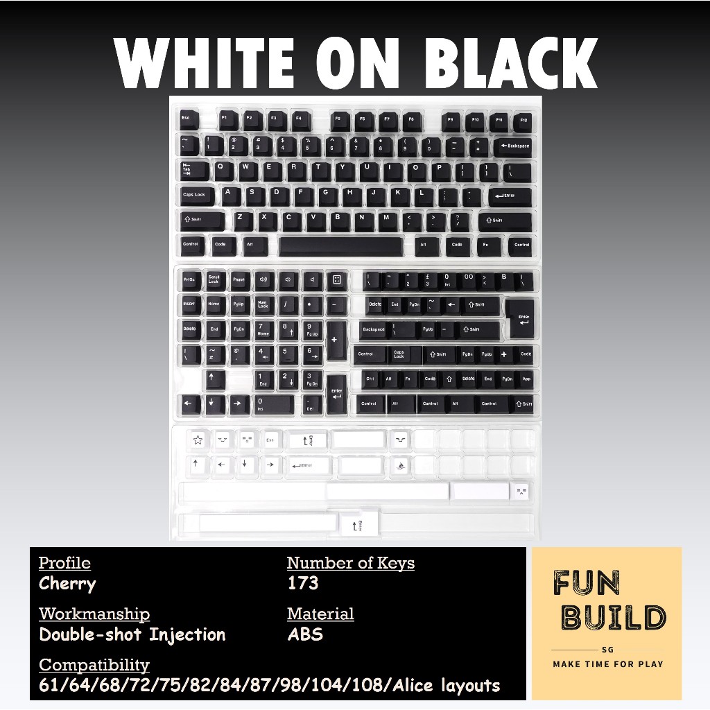 [WHITE ON BLACK WoB Keycaps][Cherry Profile] Double-shot Injection 173 ...