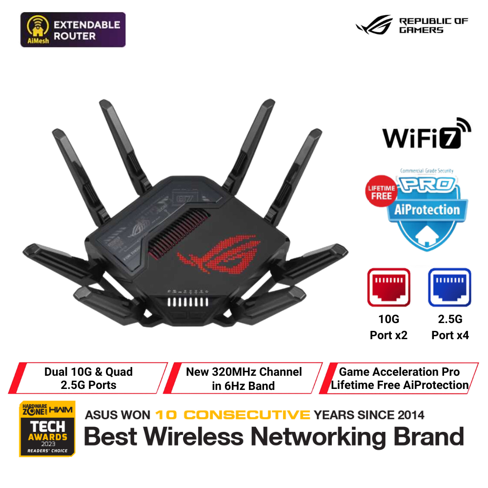 ASUS ROG Rapture GT-BE98 Quad-band WiFi 7 BE25000 Gaming Router - Dual ...