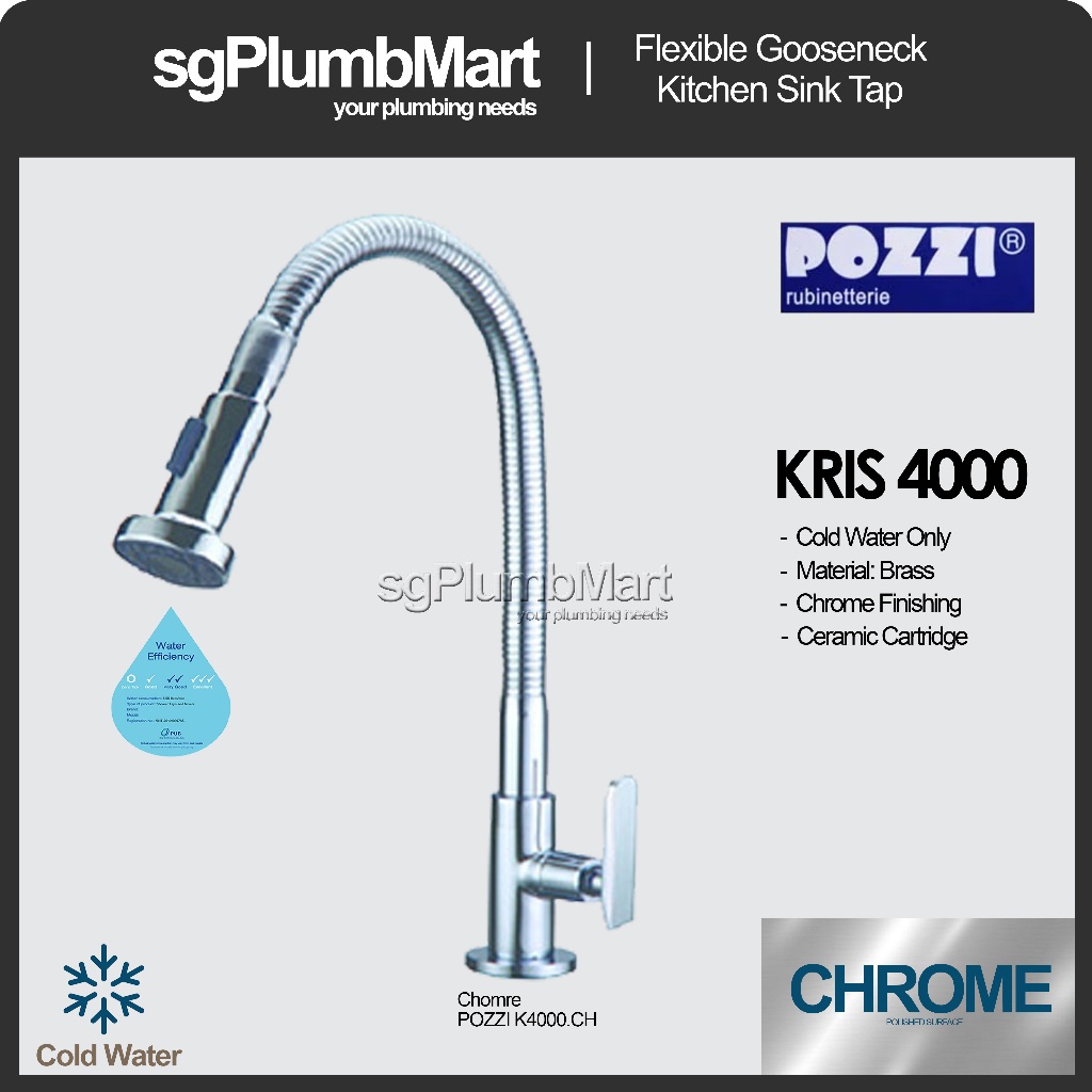 Pozzi x sgPlumbMart Chrome Flexible Kitchen Sink Tap Heavy Duty Kris ...
