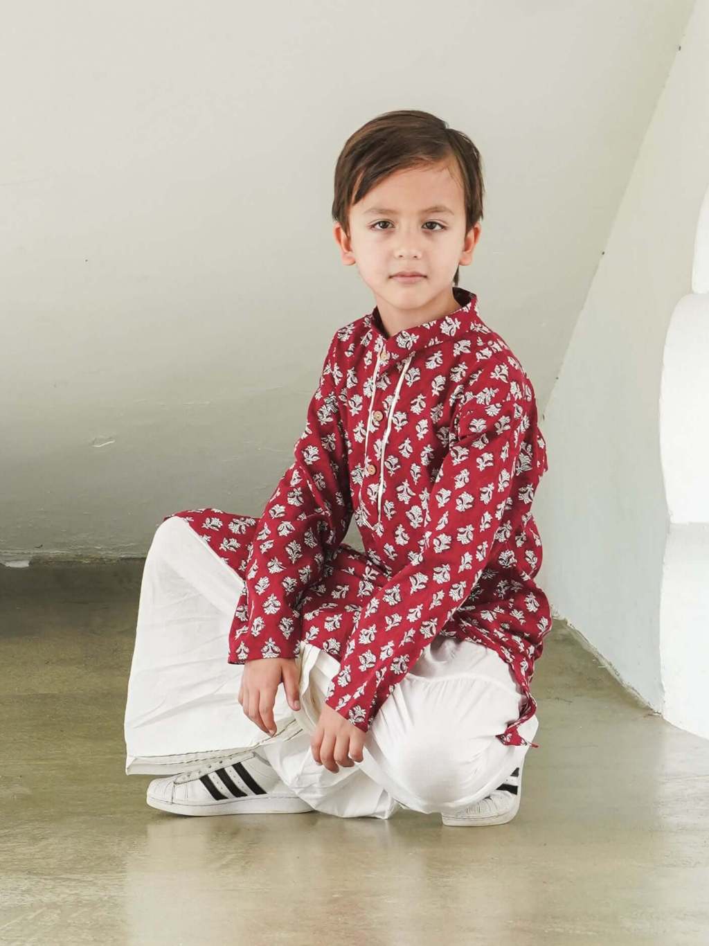 NIMBU Jashn Handblock Booti Maroon Boys Kurta Dhoti in Cotton Muslim ...