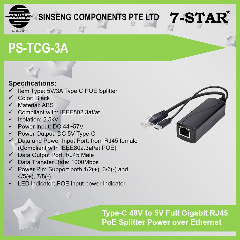 7-STAR* 3A USB Type C 48V to 5V Full Gigabit RJ45 PoE Splitter Power ...