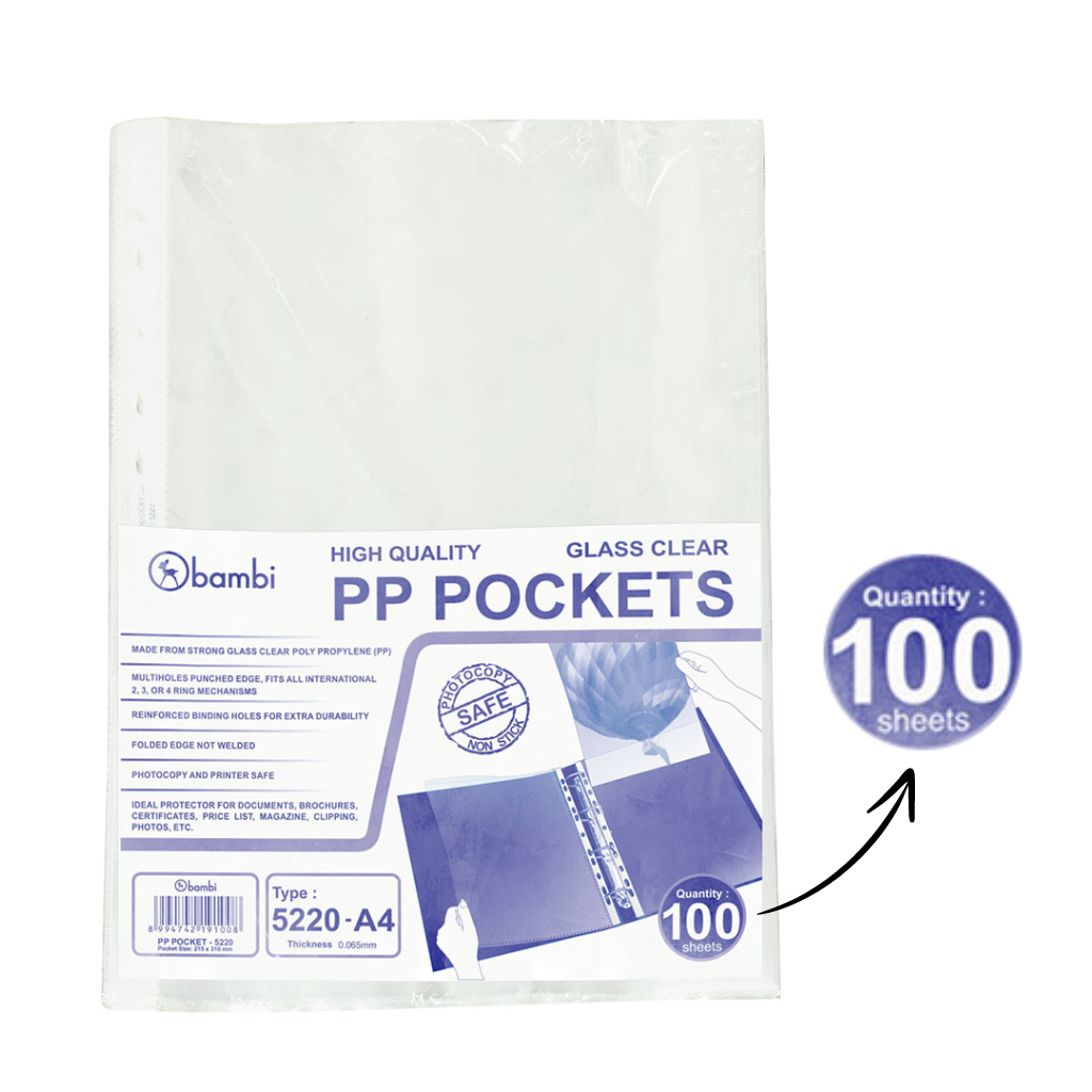 [100 pcs] Bambi PP Document Pocket Transparent Sleeve A4 (0,06mm ...