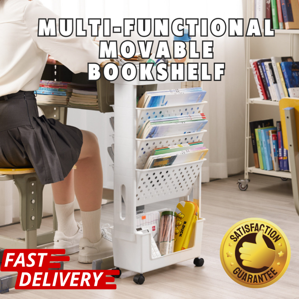 5 Tier Rolling Book Cart Movable Storage Bookshelf Book Rack Book Shelf ...