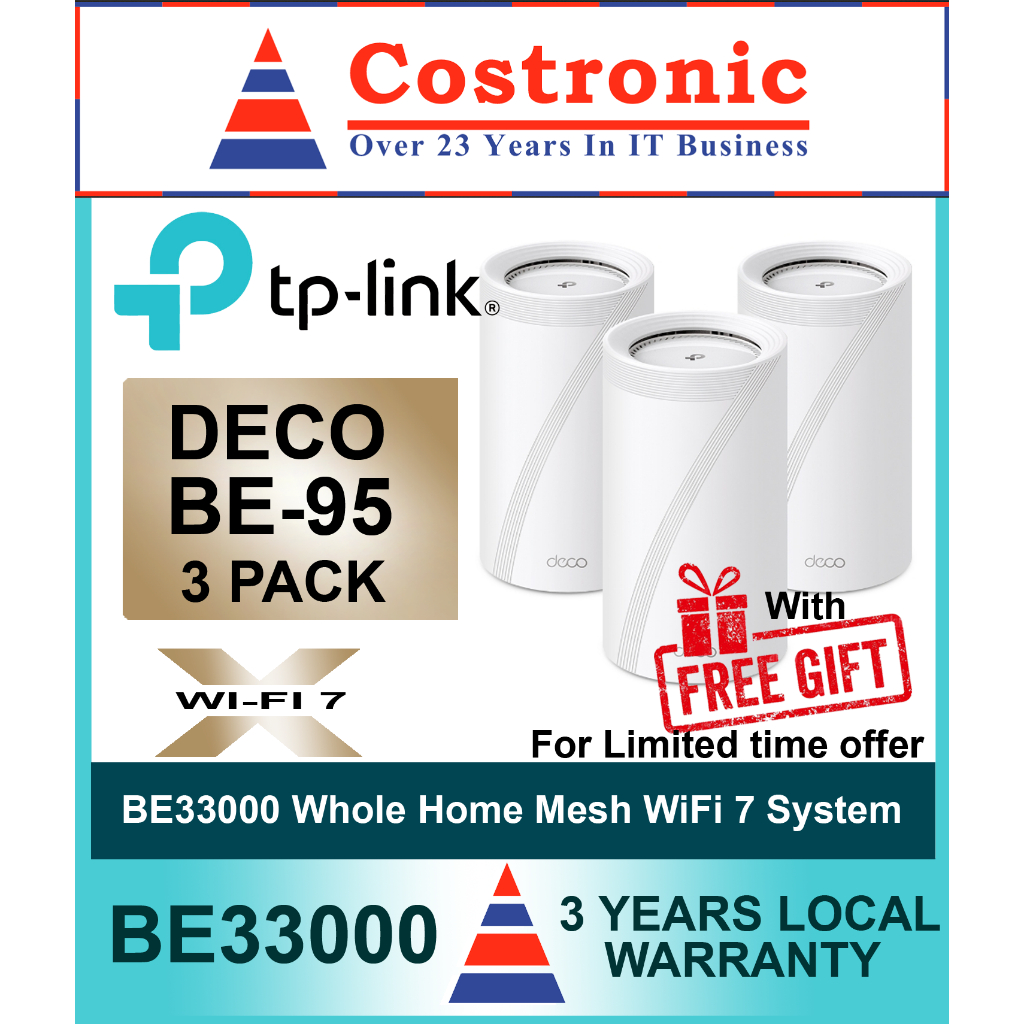 TP-link Deco BE95 (3-pack / 2-pack / 1-pack) BE33000 Whole Home Mesh WiFi 7 System (3yr SG ...