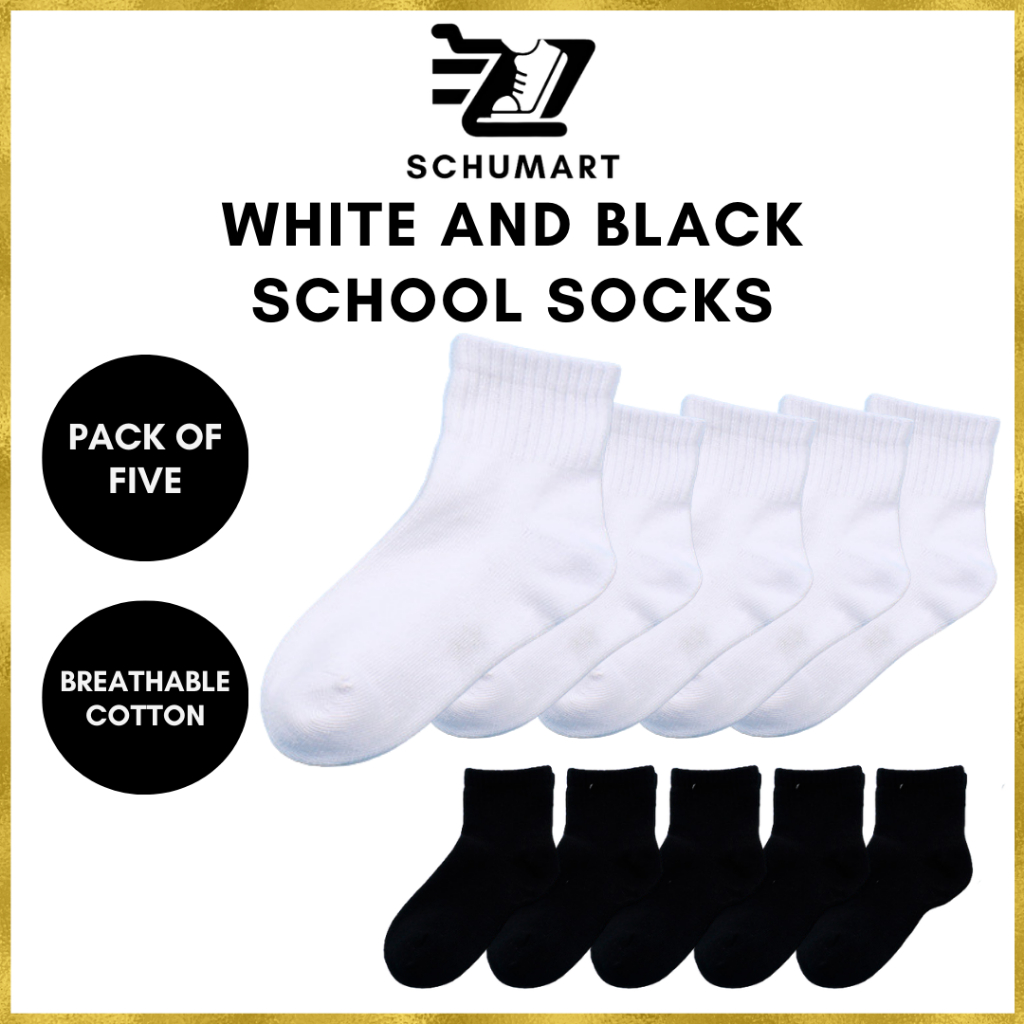 [Pack of 5] Student School Socks for Ages 3-15 Black and White [SG ...