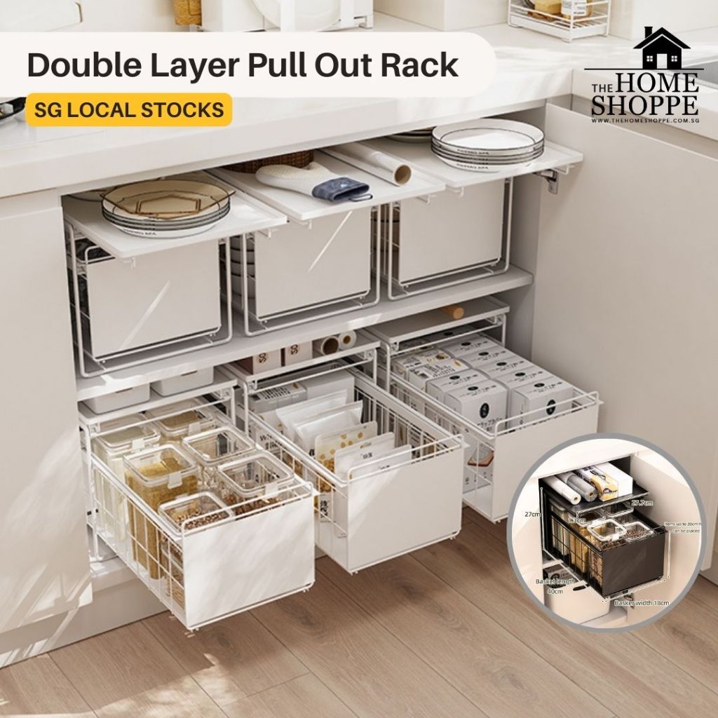 SG Double Layer Stackable Pull Out Storage Kitchen Drawer Rack 2 Tier ...