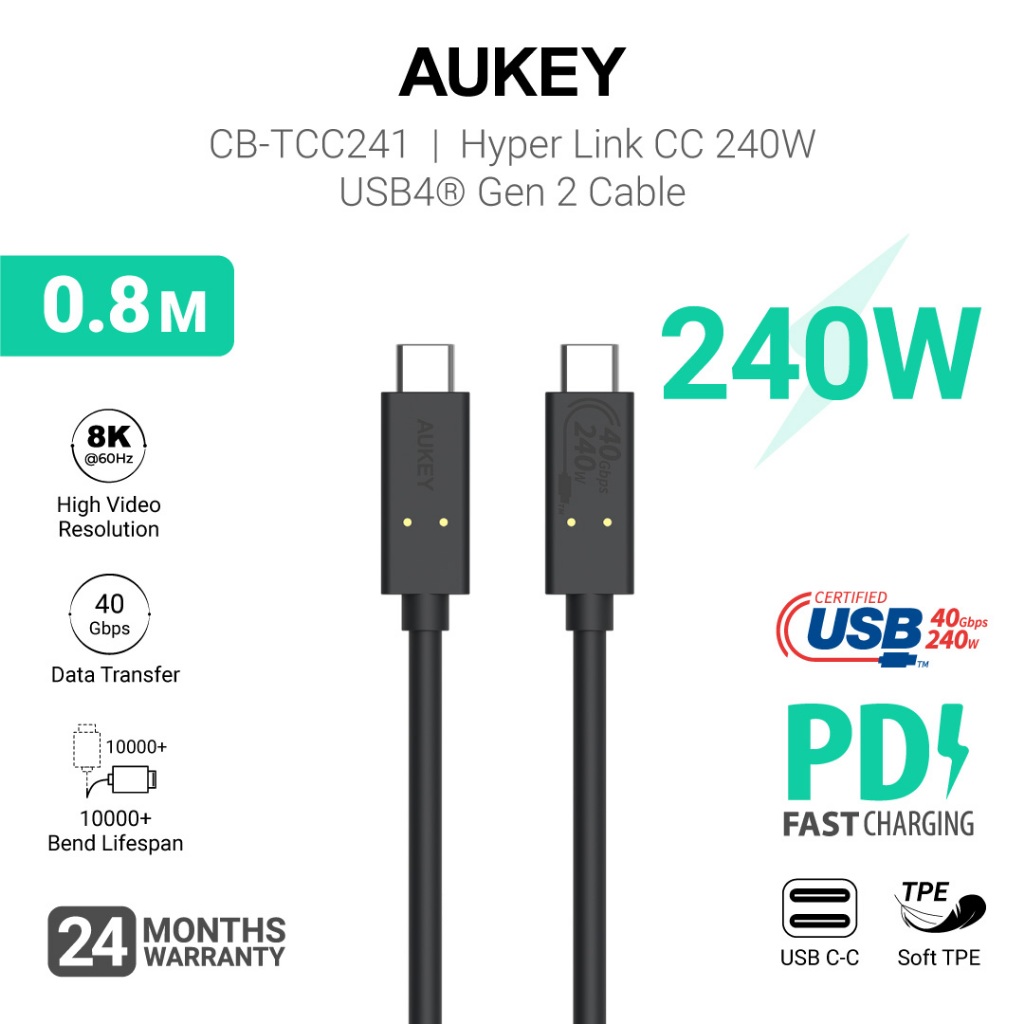 Aukey CB-TCC241 Hyper Link CC 240W USB4 Gen 3 USB-C to C Cable 0.8m (24 Months Warranty ...
