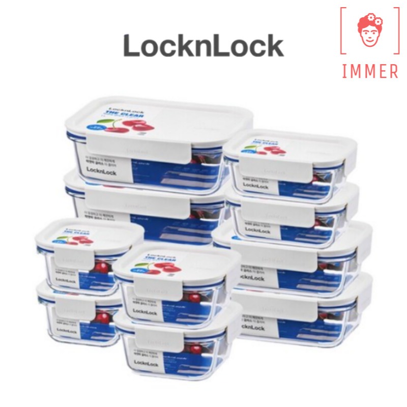 Locknlock The Clear Glass Container White 10p set Square 300ml 2ea / Square 500ml 2ea ...