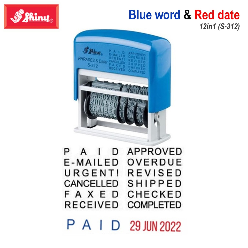 Shiny Self-Inking Stamp Phrase with Date Stamp (S-312) 12in1 Blue Word ...