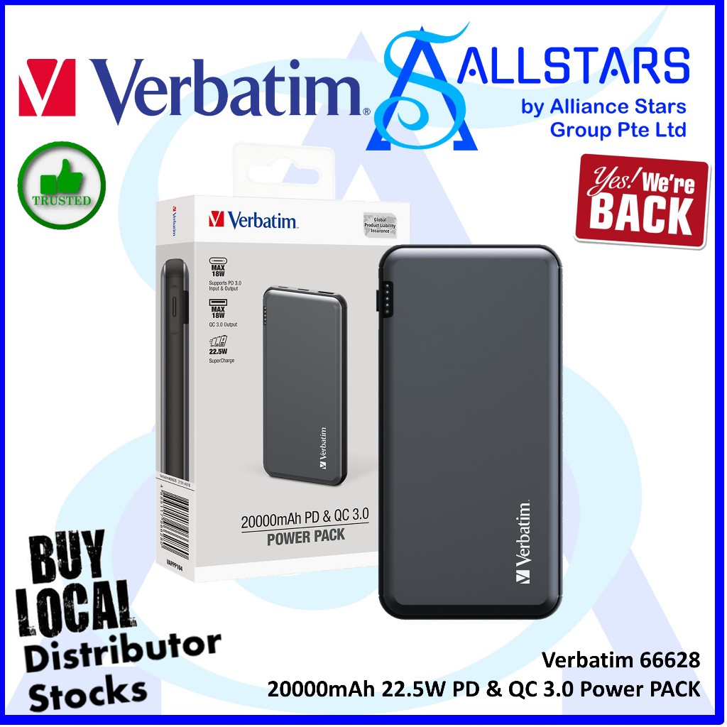 (ALLSTARS) Verbatim 66628 20000mAh PD & QC 3.0 Power Pack (2port total ...