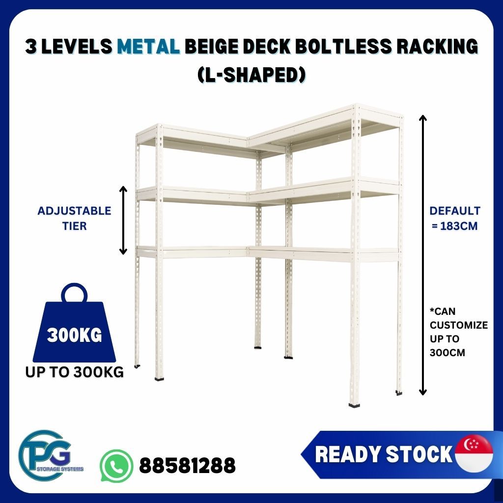 L-Shaped 3 Levels Metal Beige Deck Boltless Racking (Depth 30+30cm ...