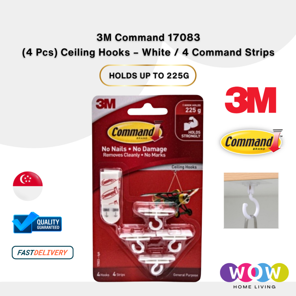 3M Command 17083-4 Pcs Ceiling Hooks White / 4 Command Strips / Holds ...
