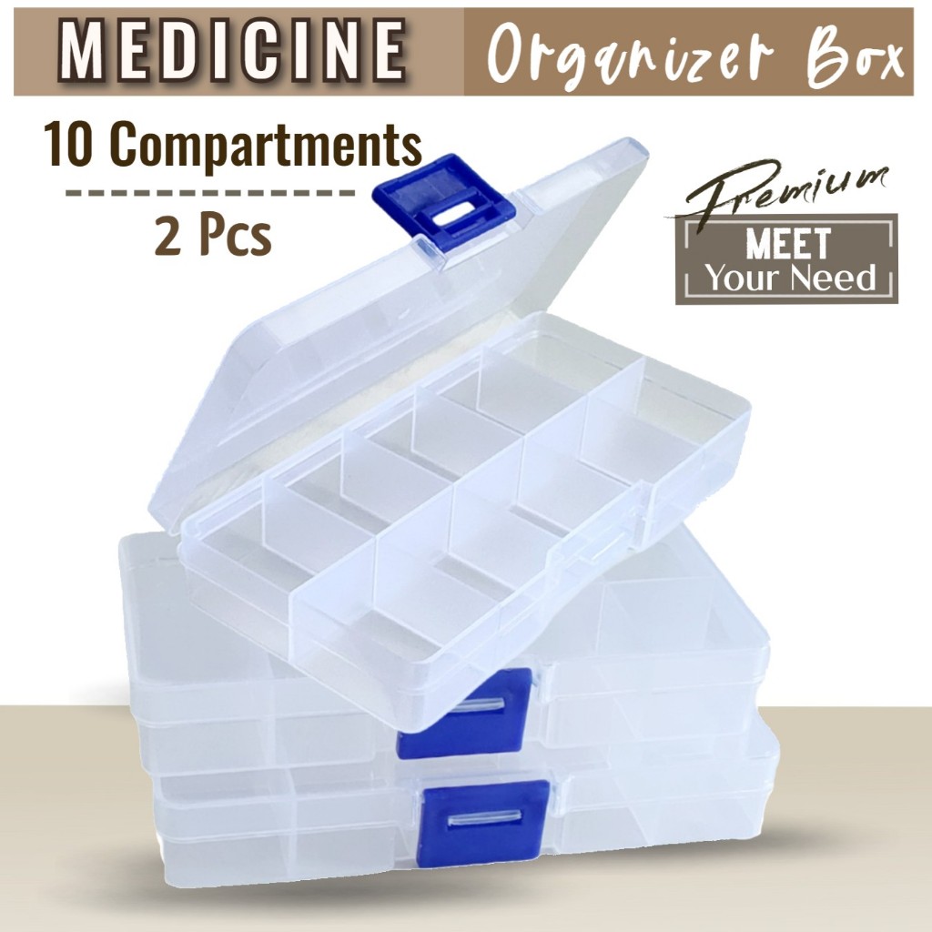 2 Pcs of Storage Box (10 Compartments) Medicine Box Pill Organizer ...