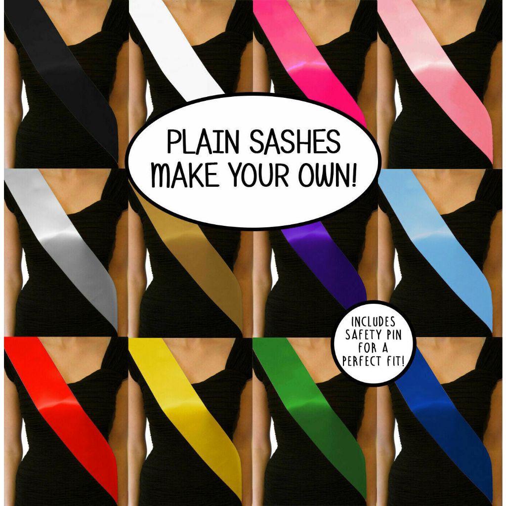 BASIC PLAIN BLANK HEN PARTY SASHES SASH SATIN RIBBON 100MM 10CM MAKE ...