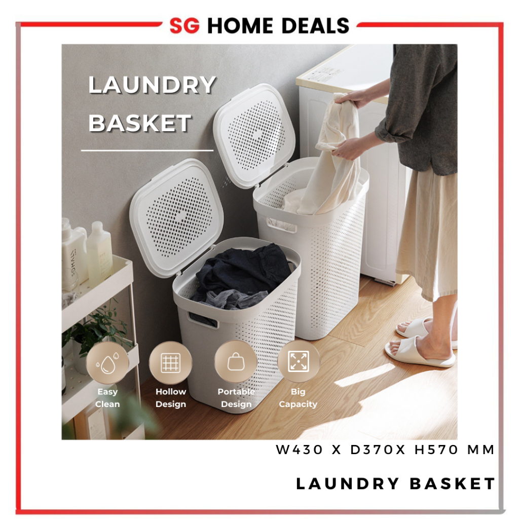 Plastic Laundry Basket With Cover 60L Laundry Basket Dirty Clothes ...